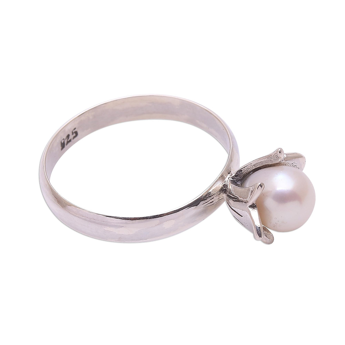 NOVICA Artisan Handmade Cultured Pearl Solitaire Ring Floral Cocktail from Bali Sterling Silver Freshwater Indonesia Birthstone [crownbezel 0.4 in H x 0.4 in W x 0.3 in D Band Width 3 mm W] '