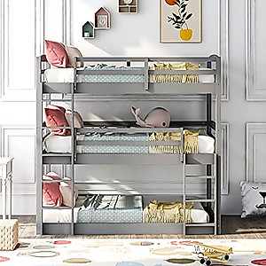 GLORHOME Twin Over Twin Triple Bed, Space Saving Wood Floor Bunk Bedframe with Safety Guardrail & Ladder for 3 Kids Teens, No Box Spring Needed, White