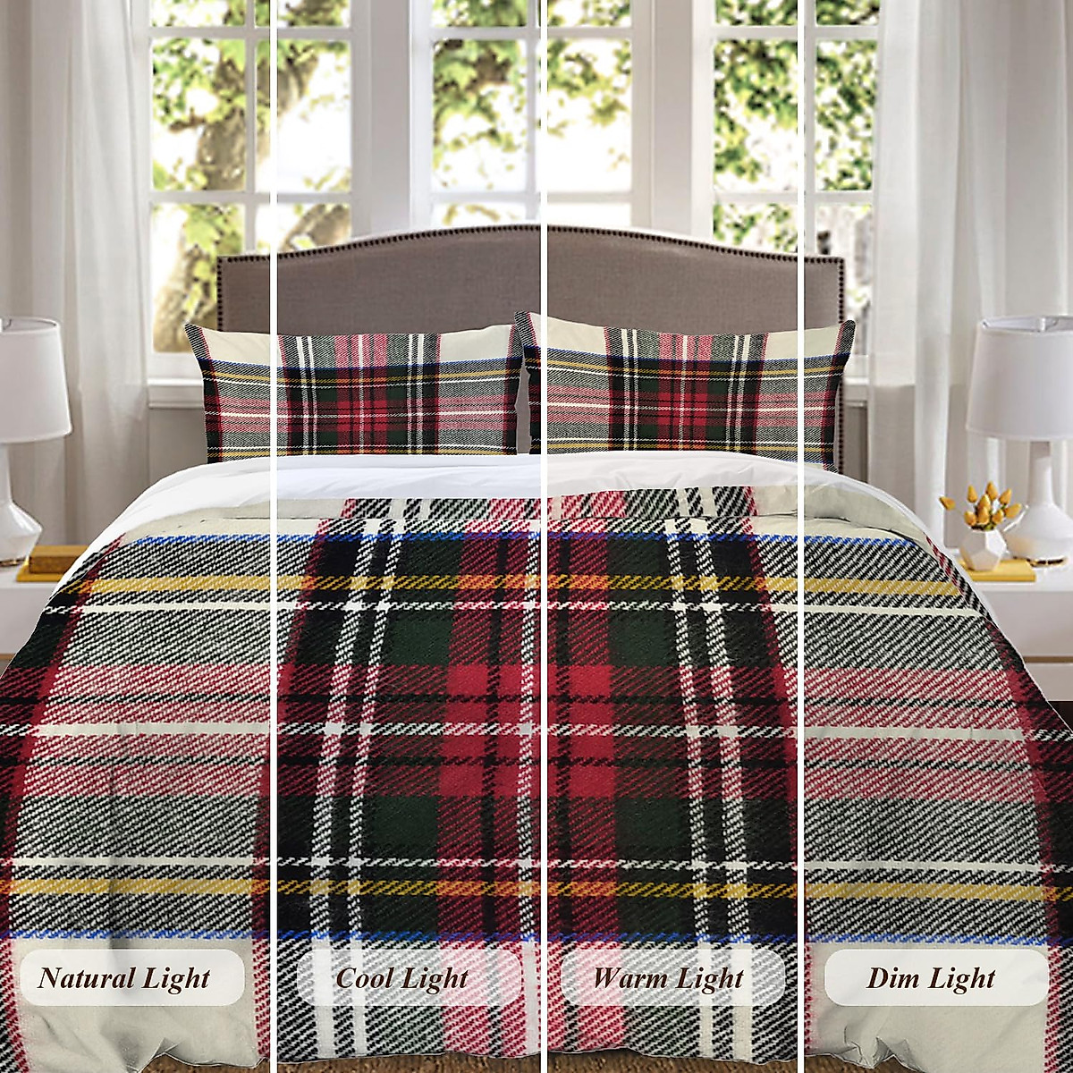 Shrahala Scottish Tartan Duvet Cover Set Queen Size, Green Wool Plaid Symmetric Square Fashion 3 Pieces Soft Brushed Duvet Covers with Button Closure (No Comforter)