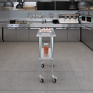 AmGood 30" x 15" Stainless Steel Work Table with Casters | Heavy Duty Metal Utility Table On Wheels | Kitchen Island Cart