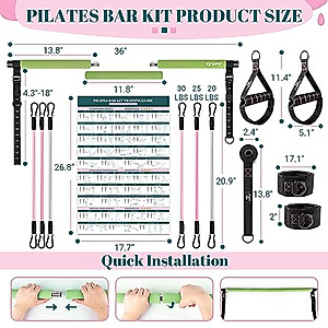 COFOF Pilates Bar Kit with Resistance Bands, Multifunctional Yoga Heavy-Duty Metal Adjustment Buckle, Portable Home Gym for Women Full Body Workouts(20-150LBS)-Forest