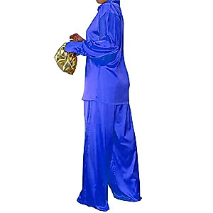 Satin Two Piece Outfits for Women - Silk Long Sleeve Button Down Wide Leg Loungewear Pajama Set Fashion Streetwear Blue