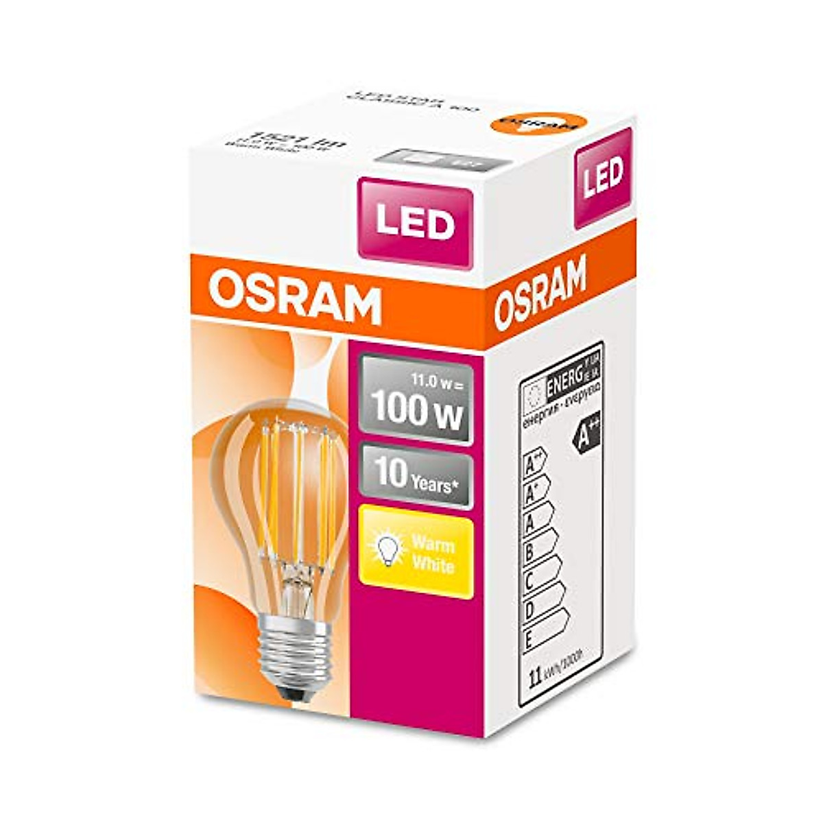 OSRAM LED lamp/Base: E27 / Warm White / 2700 K / 11 W/Replacement for 100 W Incandescent Bulb/Clear/LED Retrofit Classic A [Energy Efficiency Class A++] / Pack of 10