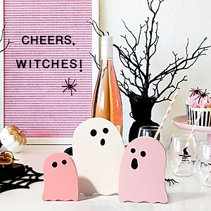 Treory Halloween Table Decorations Indoor: 3ct Halloween Cute Ghost Decorations, Pink White Ghosts Wood Plank Signs, Pastel Halloween Tiered Tray Decor Wooden Ghost for Home Office Party Kid Gifts
