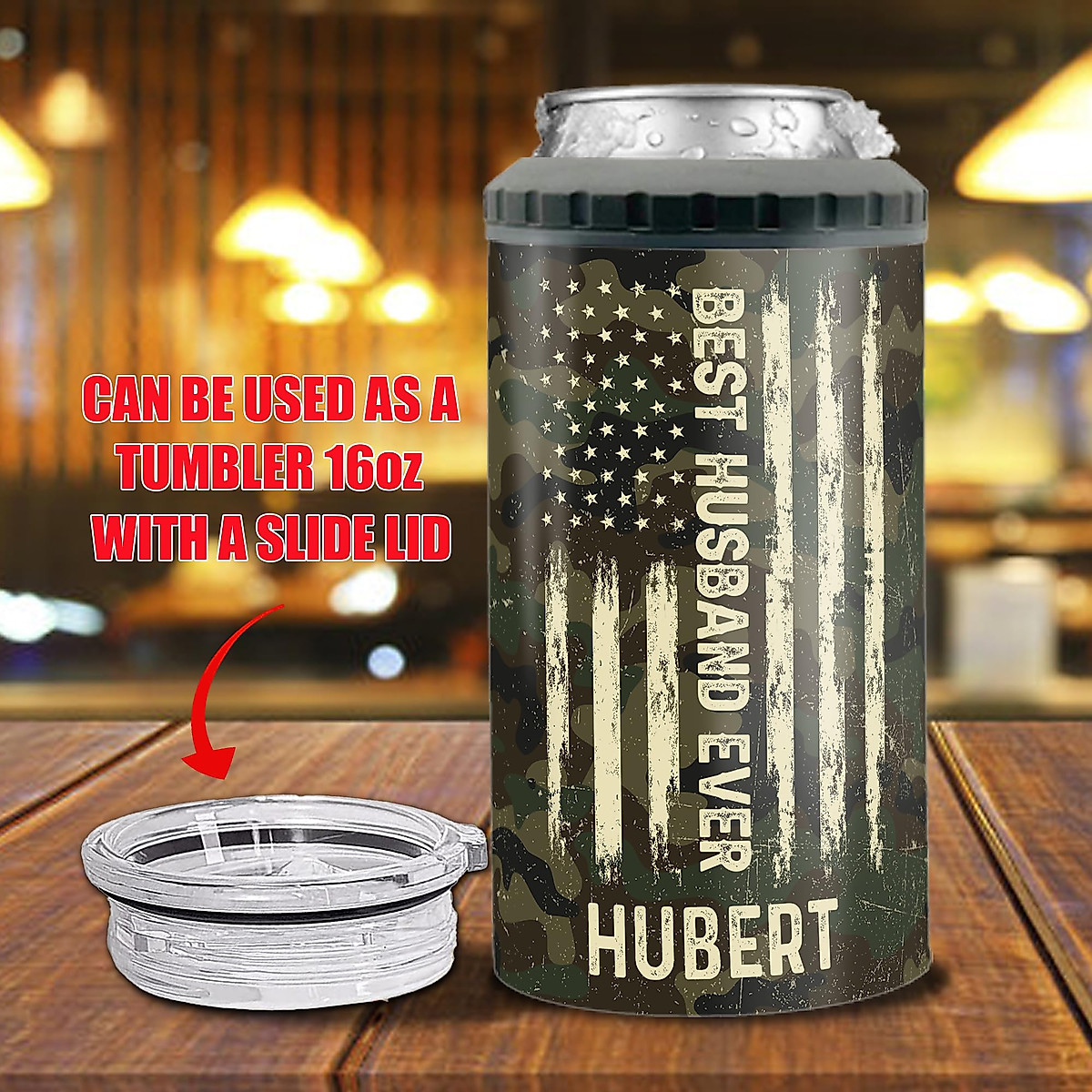 Personalized Husband Can Cooler 4 in 1 Holder Cup with Lids Customized Name 16oz Beer Drinking Gifts for Hubby from Wife Birthday Christmas Fathers Day Anniversary