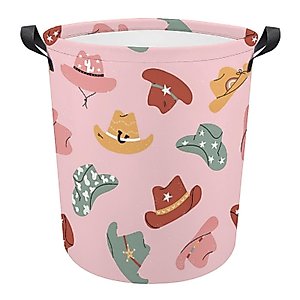 TsyTma Lovely Pink Cowgirl Hats Laundry Basket Small Collapsible Laundry Hamper with Handles Vintage Western Round Dirty Clothes Hampers for Laundry Bedroom Bathroom