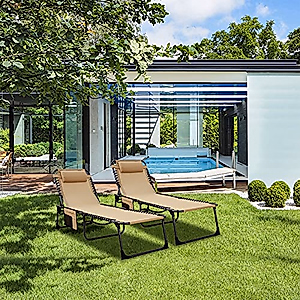 KingCamp 5-Position Folding Chaise Lounge Chair for Outside, Sunbathing, Tanning, Patio, Pool, Lawn, Deck, Portable Heavy-Duty Camping Reclining Chair with Pillow Pocket, Textilene, Supports 264lbs