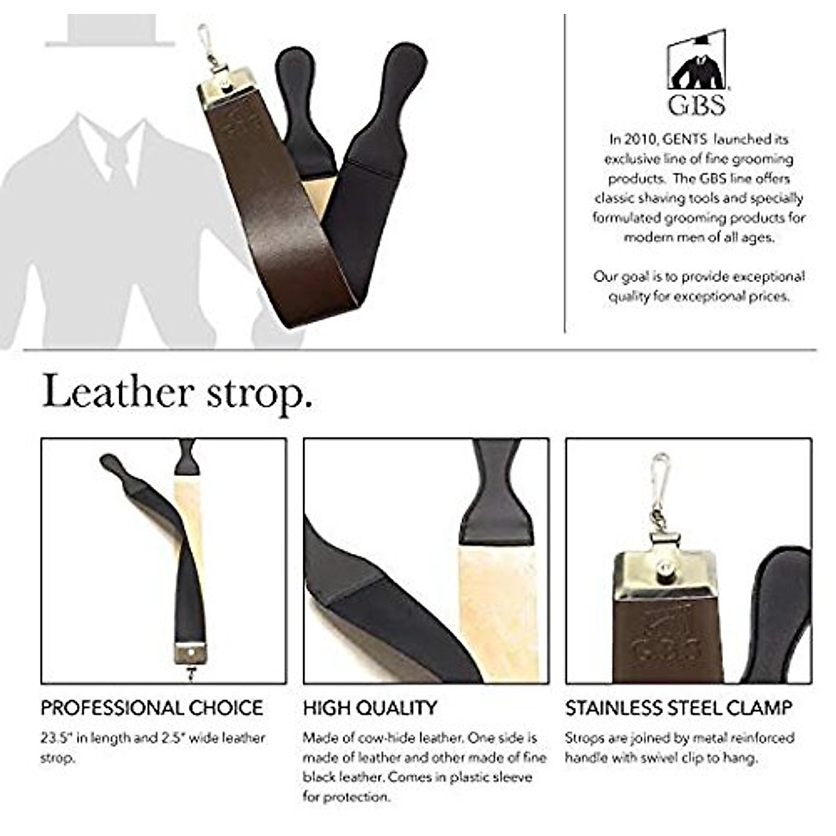 GBS Professional 4pc Straight Razor Shaving Kit - Comes with High Quality Straight Razor with Ebony Wood Handle, Leather case for Travel, Sharpening Stone, and 2" x 22" Leather strop with Swivel Clip