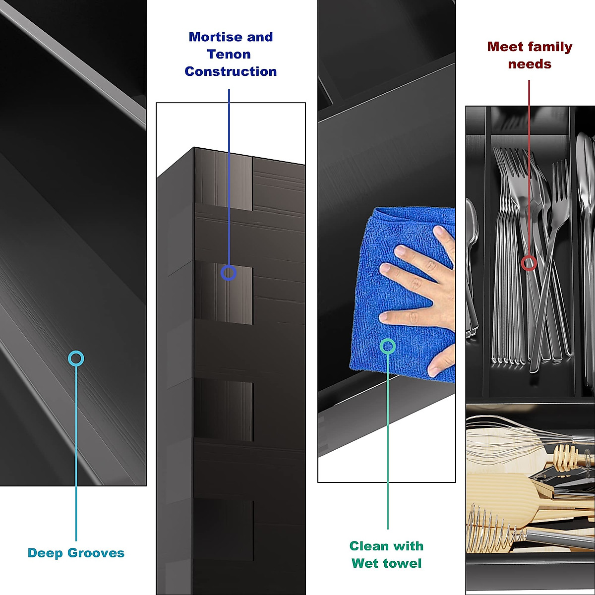 Silverware Drawer Organizer Cutlery Tray - Bamboo Black Small Kitchen Gadgets Holder&Flatware Storage 14"D * 10-1/4"W * 2"H