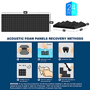 24 Pack Acoustic Foam Panels, Self-adhesive Sound Proof Foam Panels 2" x 12" x 12", Soundproof Insulation for Wall, Sound Absorbing Foam for Music Studio Bedroom Home, Decreasing Noise