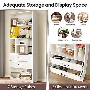 SEJOV White Bookshelf, 71" Tall Bookcase with 2 Drawers, Wooden Bookcases 4-Tier Open Shelves, Bookshelves and Storage Cabinet Floor Standing for Bedroom, Living Room, Office