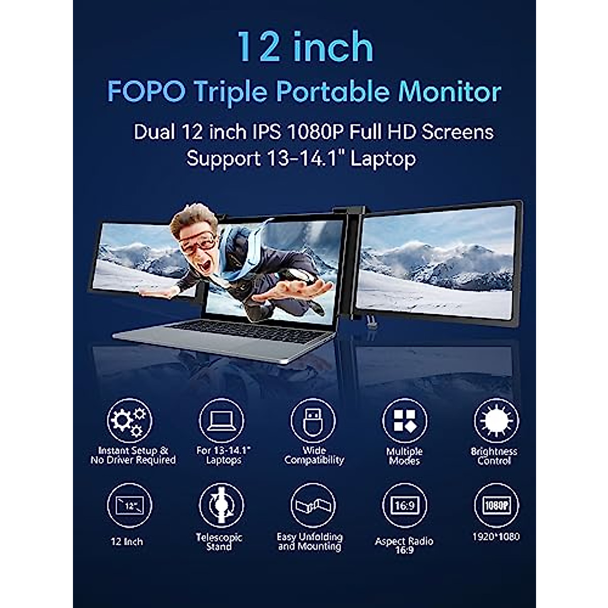FOPO 12" Triple Laptop Screen Extender Triple Portable Monitor for 13"-14.1" Laptop, FHD 1080P IPS Dual Display, with Type-C/HDMI for Windows/MacOS/Switch -S12