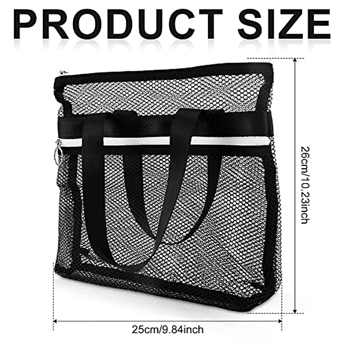 Mesh Zippered Shower Bag, Polyester Large Shower Tote Bag Portable Bath Caddy Organizer with Handle and 2 Storage Pockets Quickly Dry Shower Bag for Dorm Room Gym Camping (Black)