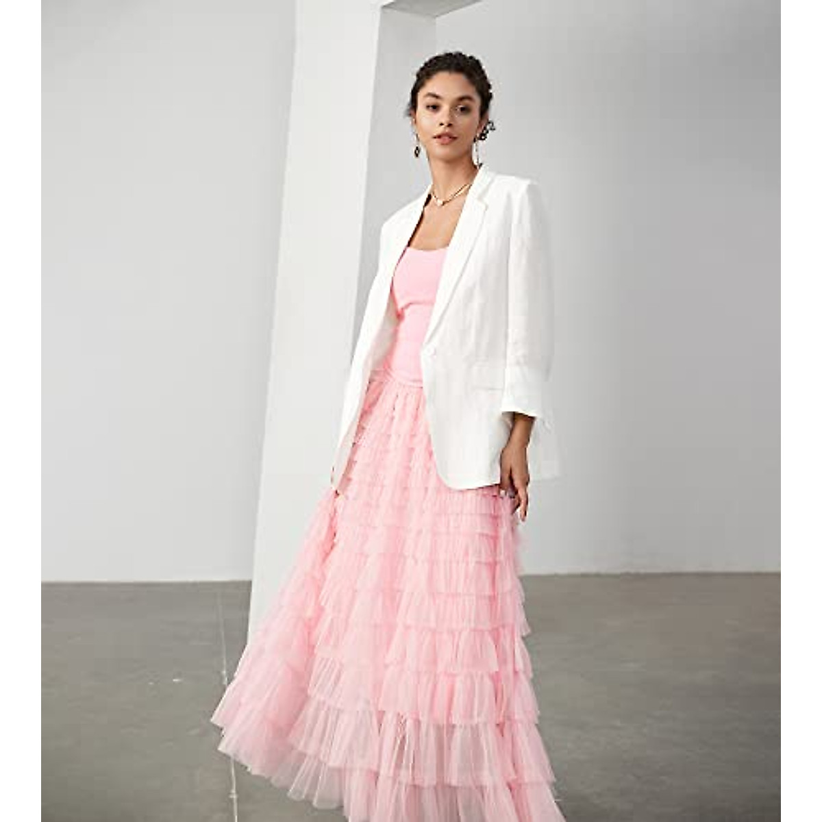 Women's Tulle Maxi Dress Spaghetti Strap Layered Fluffy Ruflfle Prom Birthday Party Long Dress