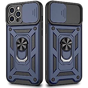 VEGO Compatible for iPhone 12 Pro Max Kickstand Case with Slide Camera Cover, Built-in 360° Rotate Ring Stand Magnetic Cover Case for Apple iPhone 12 Pro Max 6.7 inch, Blue