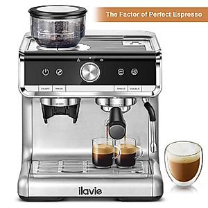 ILAVIE Espresso Coffee Machine 20 Bar for Home Office, Professional Cappuccino Latte Machines with Milk Frother, 2.8L Removable Water Tank, Espresso Maker with Grinder
