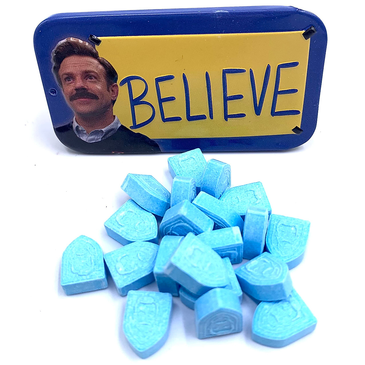 Ted Lasso Believe In Believe Blue Raspberry Flavored Candy - (1) Collectible Slide off top Tin filled with candies featuring Ted Lasso