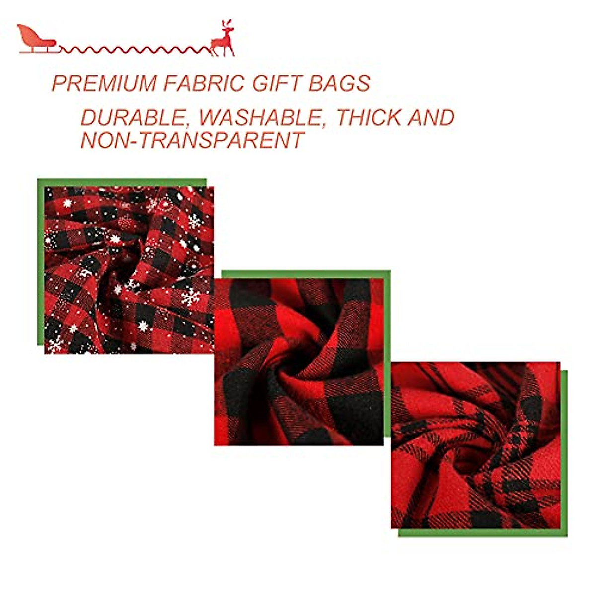 HRX Package Big Fabric Drawstring Gift Bags, 6pcs Reusable Christmas Sacks Red and Black Buffalo Plaid Cloth Pouches for Xmas Presents Party Favor