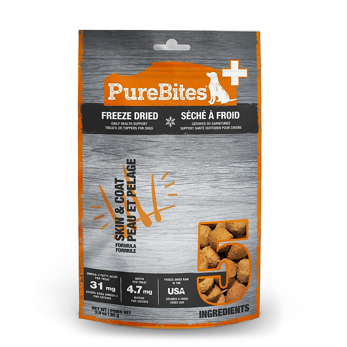 PureBites+ Skin & Coat Freeze Dried Dog Treats, 5 Ingredients, Made in USA, 3oz