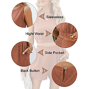 FIOPHY Two Piece Summer Outfits Linen Shorts Sets for Women 2 Piece Sleeveless Crop Tank Tops Hight Waist Shorts Lounge Set Beige - XL
