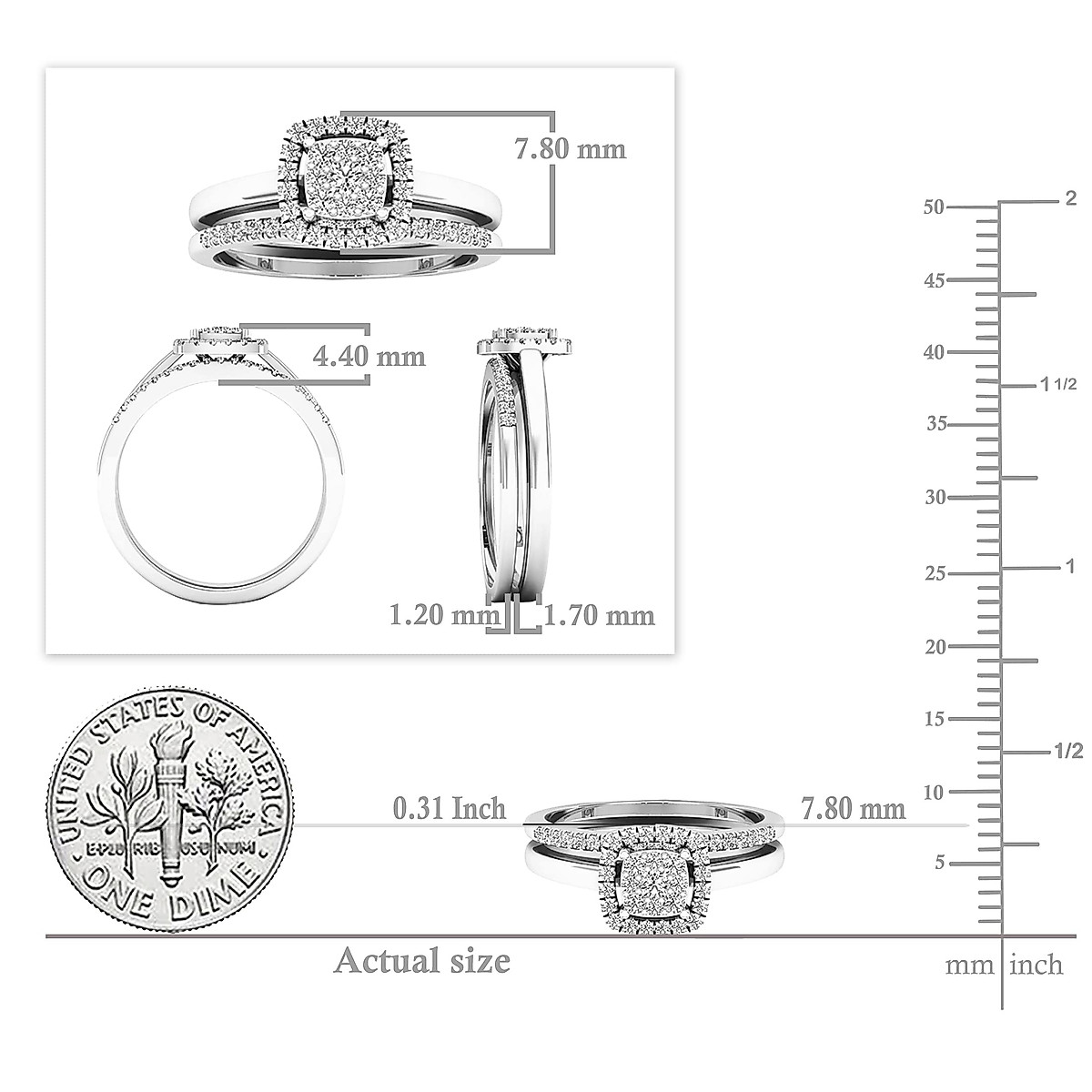 Dazzlingrock Collection 0.30 Carat Round White Diamond Square Cluster Wedding Ring Set for Her in 10K White Gold Size 7