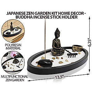Japanese Zen Garden Kit Home Decor - Buddha Incense Stick Holder Office Desk Accessories - Zen Garden Sand Corner Desk Office Decor - Buddha Statue Table Top - 13.5" x 6.25" x 5"