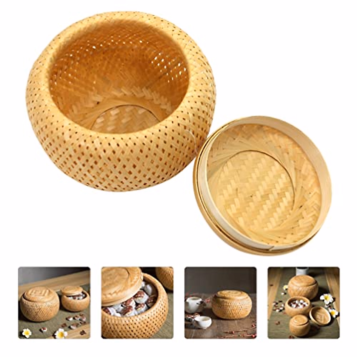 Hemoton Woven Tea Basket Food Serving Baskets with Lid Woven Wicker Basket Round Woven Wicker Basket Log Color