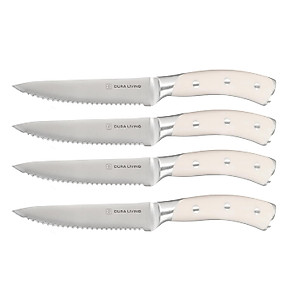 DURA LIVING 4-Piece Serrated Kitchen Steak Knife Set – Forged High Carbon Stainless Steel, Ultra Sharp, Ergonomic Black Handles, Durable Dinner Knives, Cream Handle