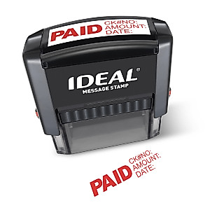 Self Inking Stamp – English Text Paid with Fill-in Fields Check No, Amount, Date – Red Ink, Impression Size 11/16” x 1-7/8”