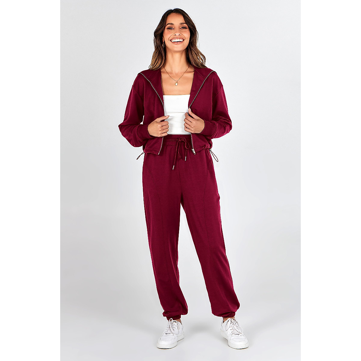 PRETTYGARDEN Women's 2 Piece Tracksuit Outfits Long Sleeve Zip Up Sweatshirt Drawstring Sweatpants Lounge Set (Wine Red,X-Large)
