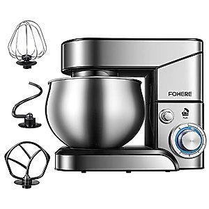 Stand Mixer FOHERE, 6-Speed Stainless Steel Mixer with Dough Hook, Mixing Beater, Wire Whip, Dishwasher-safe, Tilt-Head Kitchen Dough Mixers for Cake, 5.8 QT Electric Home Cooking Kitchen Mixer