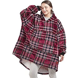 DEGREES OF COMFORT Original Sherpa Wearable Blanket Hoodie, Oversized Hooded Sweatshirt Blankets, One Big Size Fits All, 38x32 Red Plaid