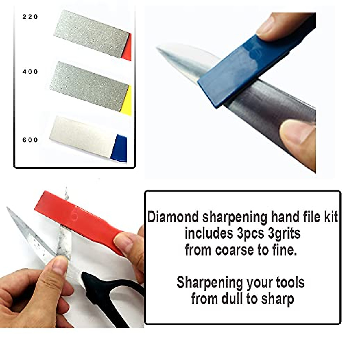 OSFTBVT Diamond Color Coded Mini Diamond Hone Kit 3Grits #220,400,600 Flat Hand File Knife Sharpener Red/Yellow/Blue - 3pcs
