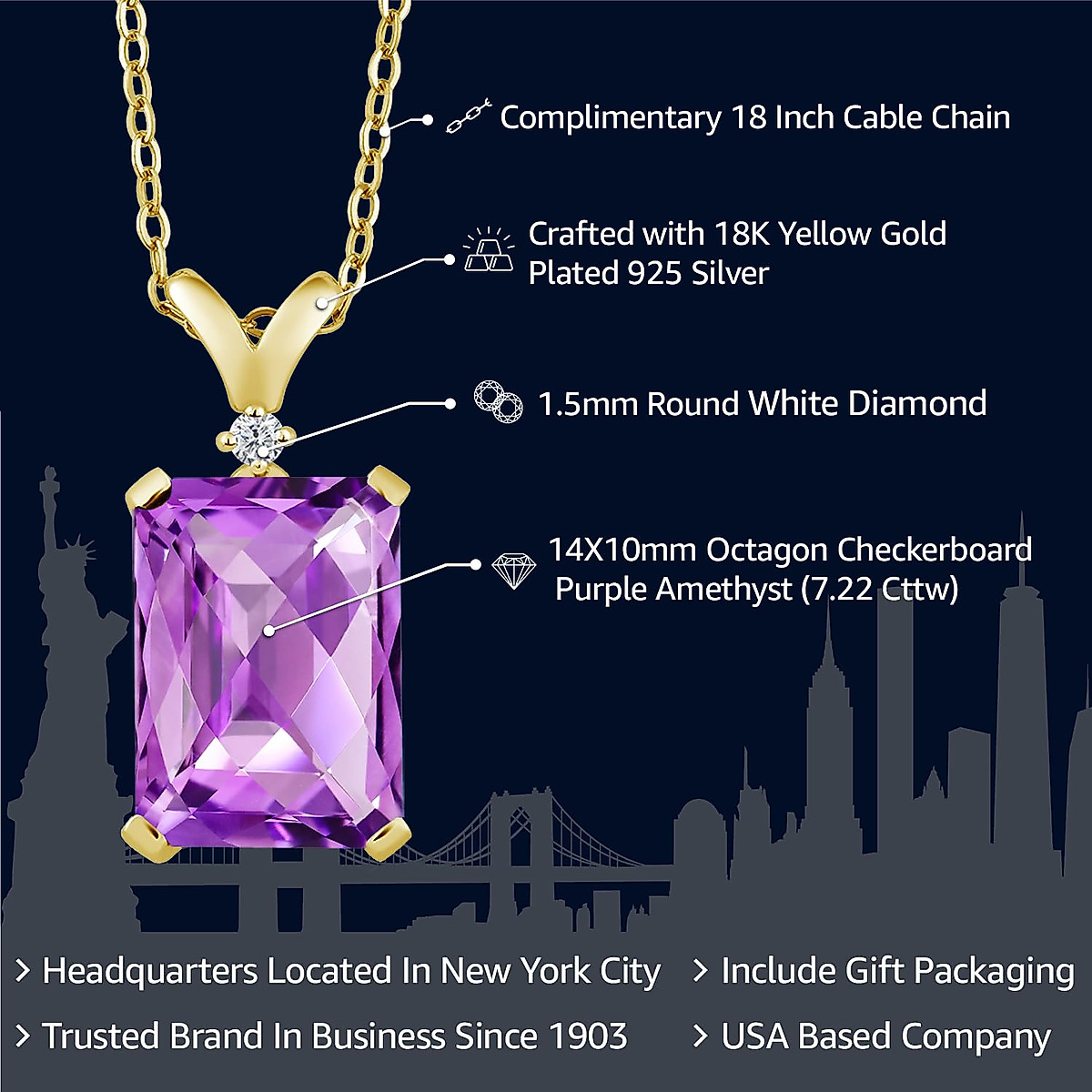 Gem Stone King 7.22 Cttw Purple Amethyst and White Diamond Pendant Necklace For Women In 18K Yellow Gold Plated Silver | Emerald Cut 14X10MM | Gemstone Birthstone | With 18 Inch Chain