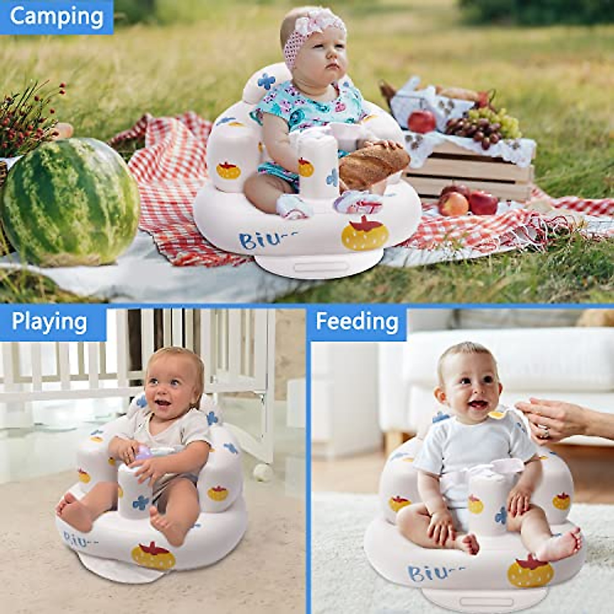 BLIRORA Inflatable Baby Floor Seat, Baby Chair for Sitting Up with Two-Point Harness Column-Shaped Airbag Sofa Support for 3-36 Month Olds, Infant Seat Built in Air Pump for Home or Travel