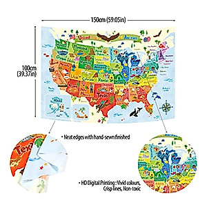 BASHOM TP-008 United states MAP Tapestry 60''x40''(150x100cm) Poster for Kids Educational learning Wall Hanging for Bedroom Living Room Nursery Dorm Home Decor USA America US map