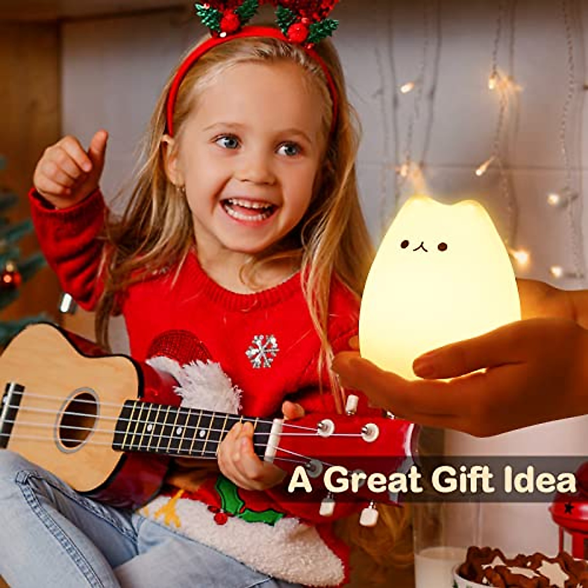 Litake Cat Night Light for Kids, Battery Powered Cat Lamp with Tail, Warm White and 9-Color Changing LED Silicone Cute Nursery Lights for Baby Kids Girl Room
