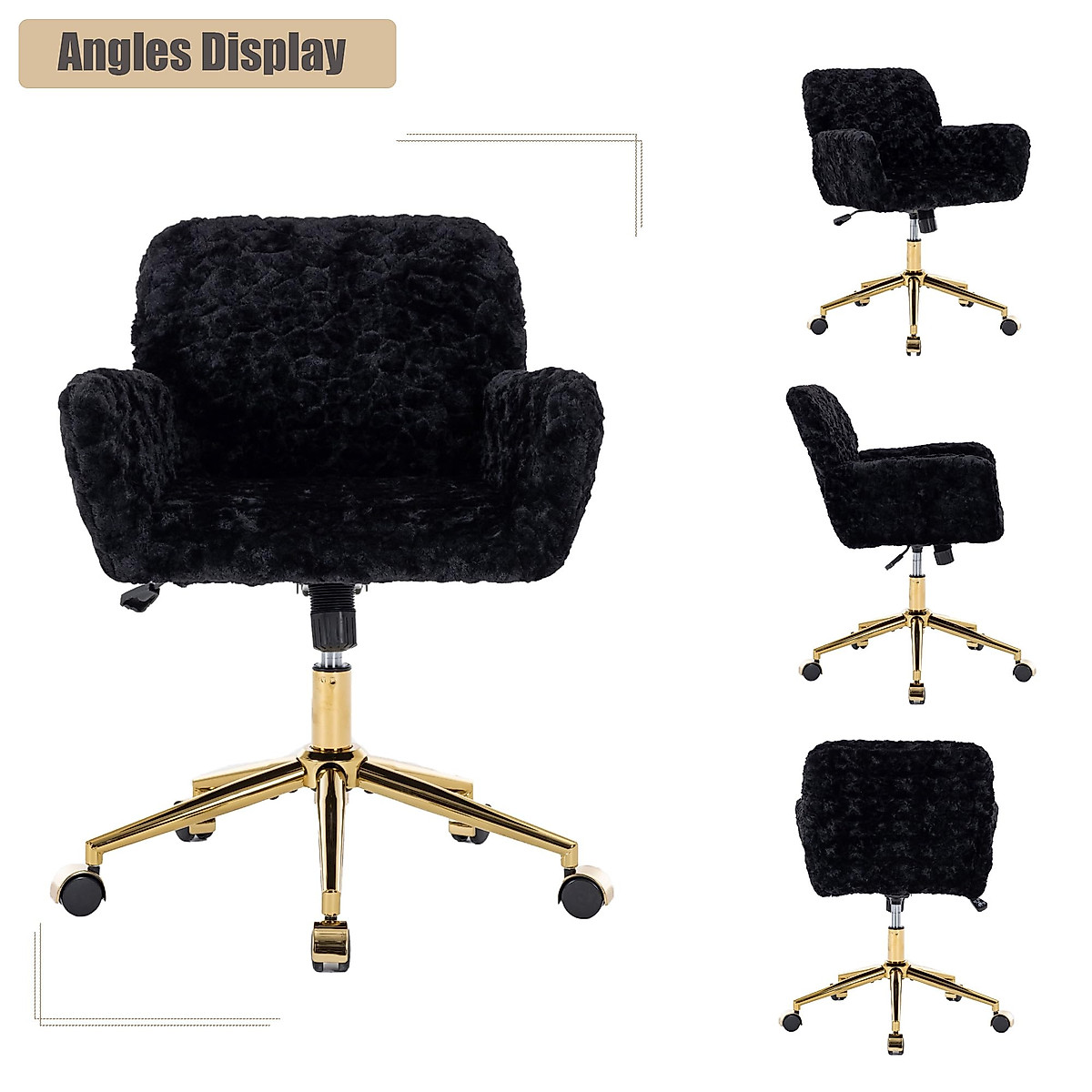 LKTART Faux Fur Home Office Desk Chair for Women Girl, Modern Accent Chair with Rolling Wheels, Upholstered Vanity Makeup Chairs Height Adjustable Armrest for Living Room Bedroom Office Black