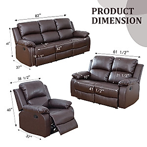 Ocstta Leather Recliner Sofa Set for Living Room Furniture Set,Recliner Sofa Set for House/Office(Leather Sofa Set 3 Pieces) Brown