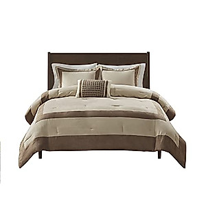 Madison Park Darcey Cozy Comforter Set, Faux Suede, Deluxe Hotel Styling All Season Down Alternative Bedding Matching Shams, Decorative Pillow, King/Cal King(104 in x 92 in), Border Taupe 4 Piece