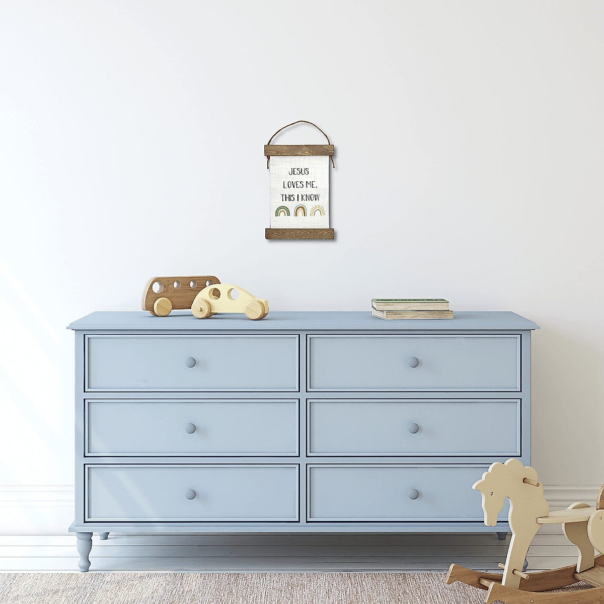 Kingdom Quality Jesus Loves Me This I Know Hanging Canvas - Give Me Jesus, Ten Commandments for Kids, Boho Rainbow Nursery Decor