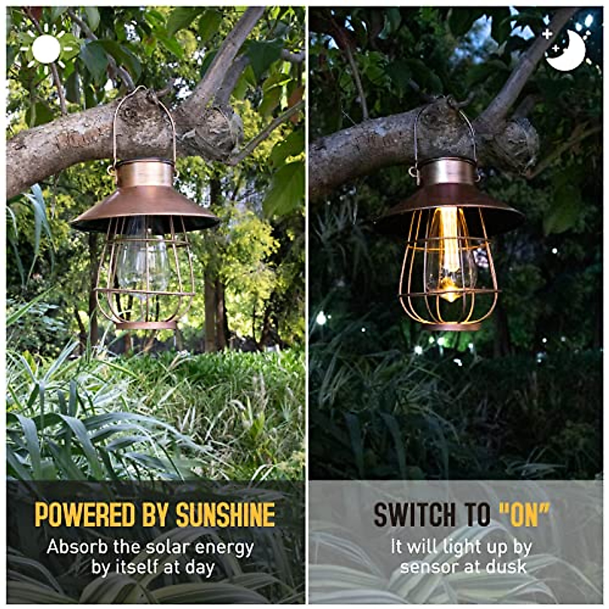 Solar Light Outdoor, 2 Pack Retro Metal Wireless Hanging Solar Lanterns with Warm White Edison Bulb Waterproof for Gazebo Garden Yard Farmhouse Decor (Bronze)