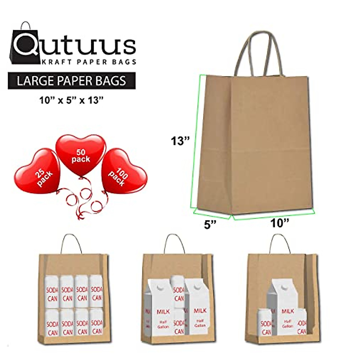 Qutuus 10x5x13 Kraft Paper Bags 100 Pcs Kraft Shopping Bags, Paper Gift Bags, Retail Bags, Recycled Bulk Paper Bags, Brown Paper Bags with Handles Bulk