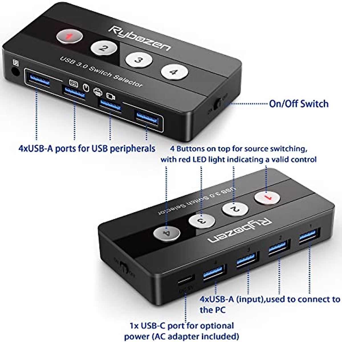 Rybozen USB 3.0 Switch 4 Ports for 4 PC 4 Inputs 4 Outputs USB Switch for Printer Keyboard Mouse Stick USB Hard Drive External Scanner, with Remote Control…