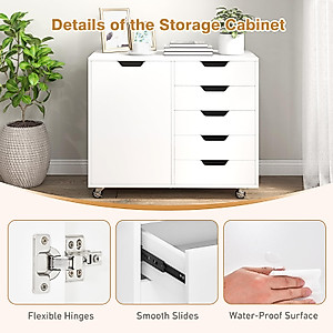 IFANNY Modern File Cabinet, White Lateral Filing Cabinet 5 Drawer with Universal Wheels, Wood Printer Stand with Storage, Rolling File Cabinets for Home Office, Living Dining Room, Bedroom, Kitchen