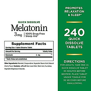 Nature’s Bounty Melatonin 3mg, 100% Drug Free Sleep Aids for Adults, Supports Relaxation and Sleep, Dietary Supplement, 240 Count