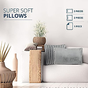 Mauricio Rubio Grey Throw Blanket and Throw Pillow Covers Set of 5 - Faux Fur Blanket Throw & Throw Pillows for Couch and Sofa, Includes 4 Decorative Soft Pillowcases, 60”x50” Fleece Blanket