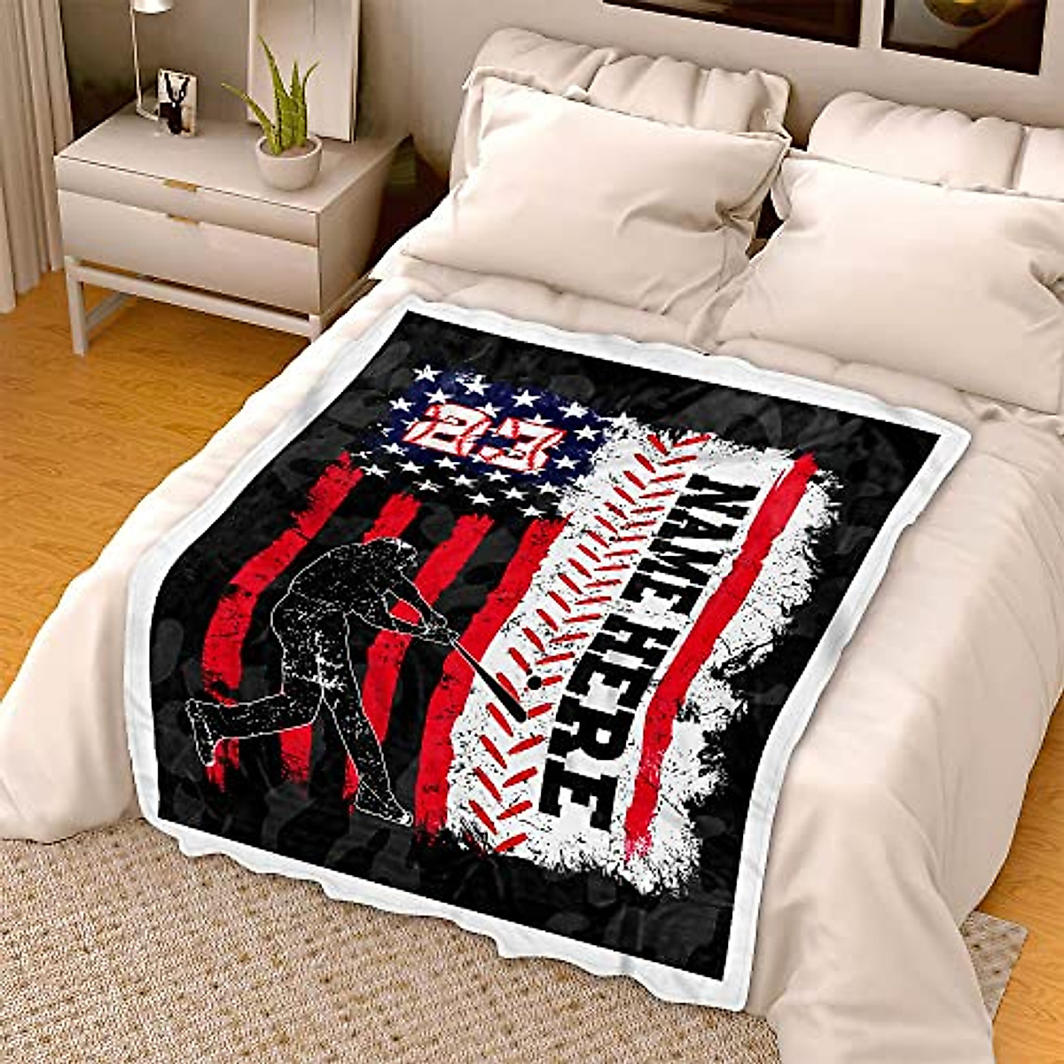 TEEMAN Personalized Baseball Blanket for Boy, American Flag Throw Blanket, Custom Name Number Baseball Gifts for Boys 8-12, Gift for Sport Baseball Player and Lover on Birthday, Baseball Season