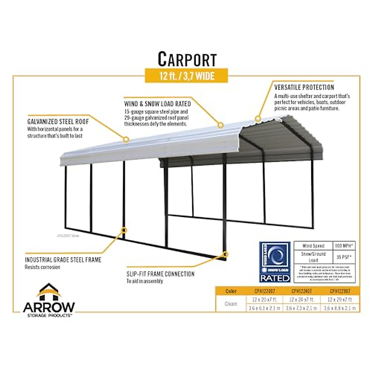 Arrow Carports Galvanized Steel Carport, Full-Size Metal Carport Kit, 12' x 29' x 7', Charcoal