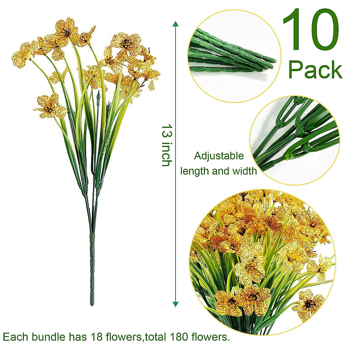 10 Bundles Artificial Flowers Outdoor UV Resistant Plastic Plant Silk Flower, Faux Fake Flower Greenery Shrub Plant Indoor Outdoor Hanging Planter Home Garden Porch Window Box Decor (Yellow)